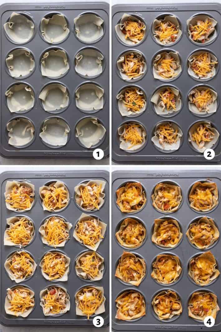 Crispy Chicken Taco Wonton Cups {Muffin Tin Recipe} - Feel Good Foodie