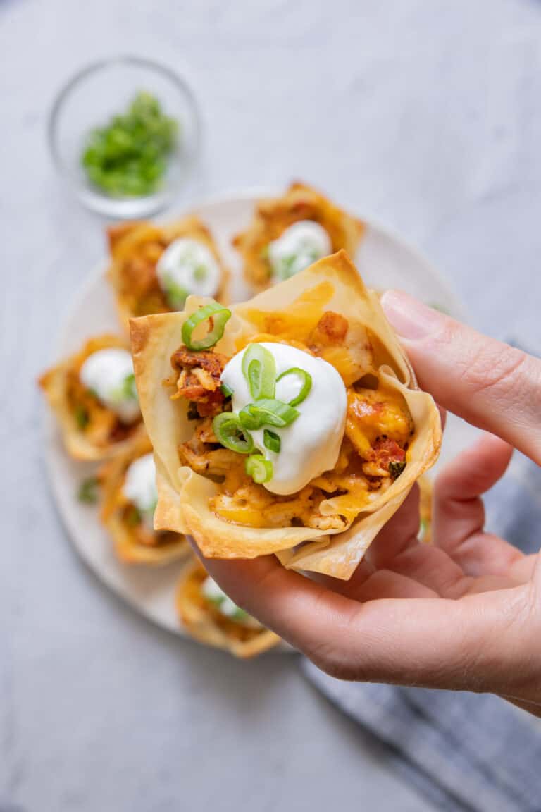 Crispy Chicken Taco Wonton Cups {Muffin Tin Recipe} - Feel Good Foodie