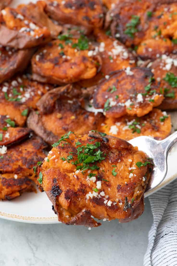 Smashed Sweet Potatoes {Crispy, Savory & Delicious} - Feel Good Foodie